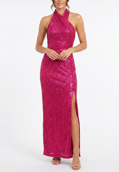 RACHEL RACHEL ROY RACHEL Rachel Roy Harland Crossover Halter Maxi Dress with Sequins and Slit